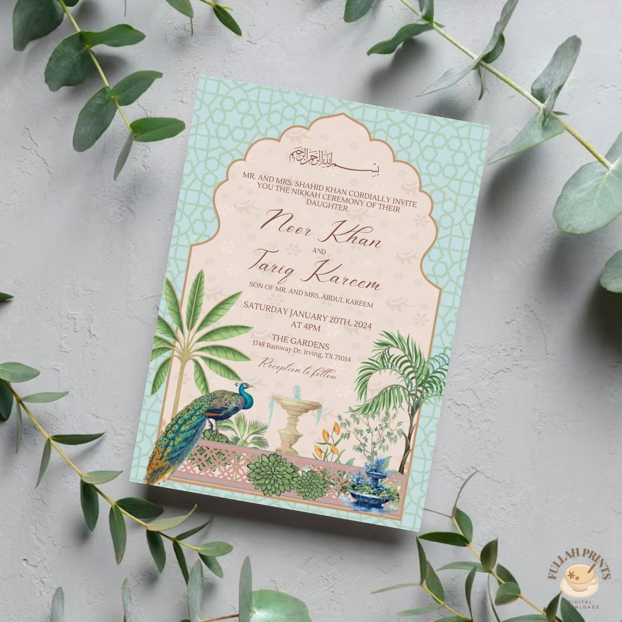 Teal Mughal Garden Nikkah Invitation, Islamic Wedding Invitation ...