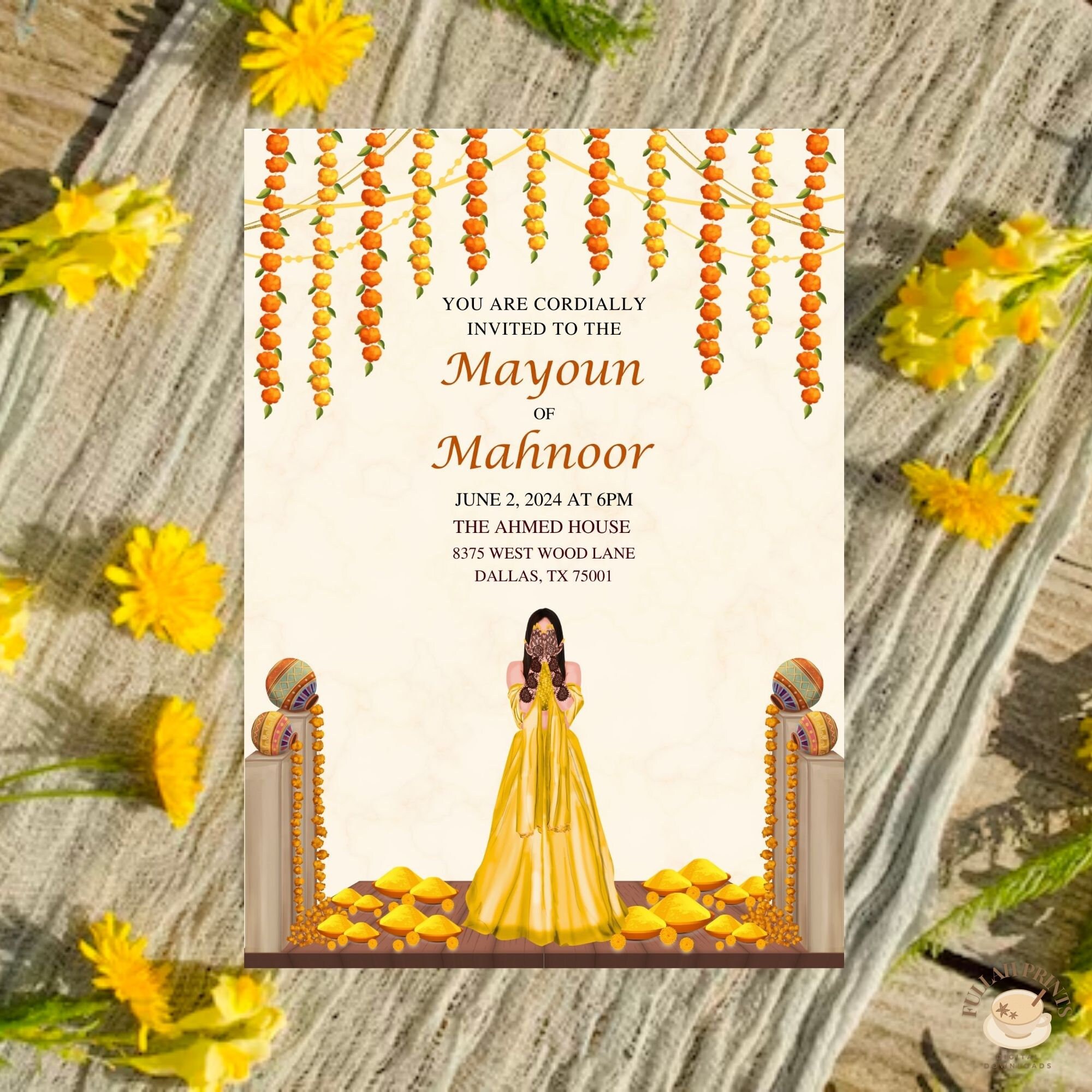 Marigold Mayoun Invitation Template, Mayoun Invite, Dholki Invitation ...