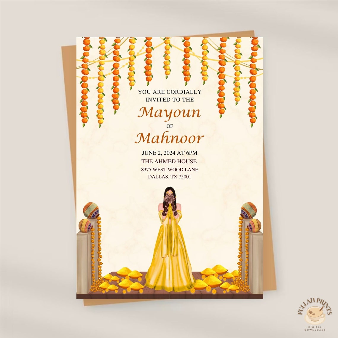 Marigold Mayoun Invitation Template, Mayoun Invite, Dholki Invitation ...