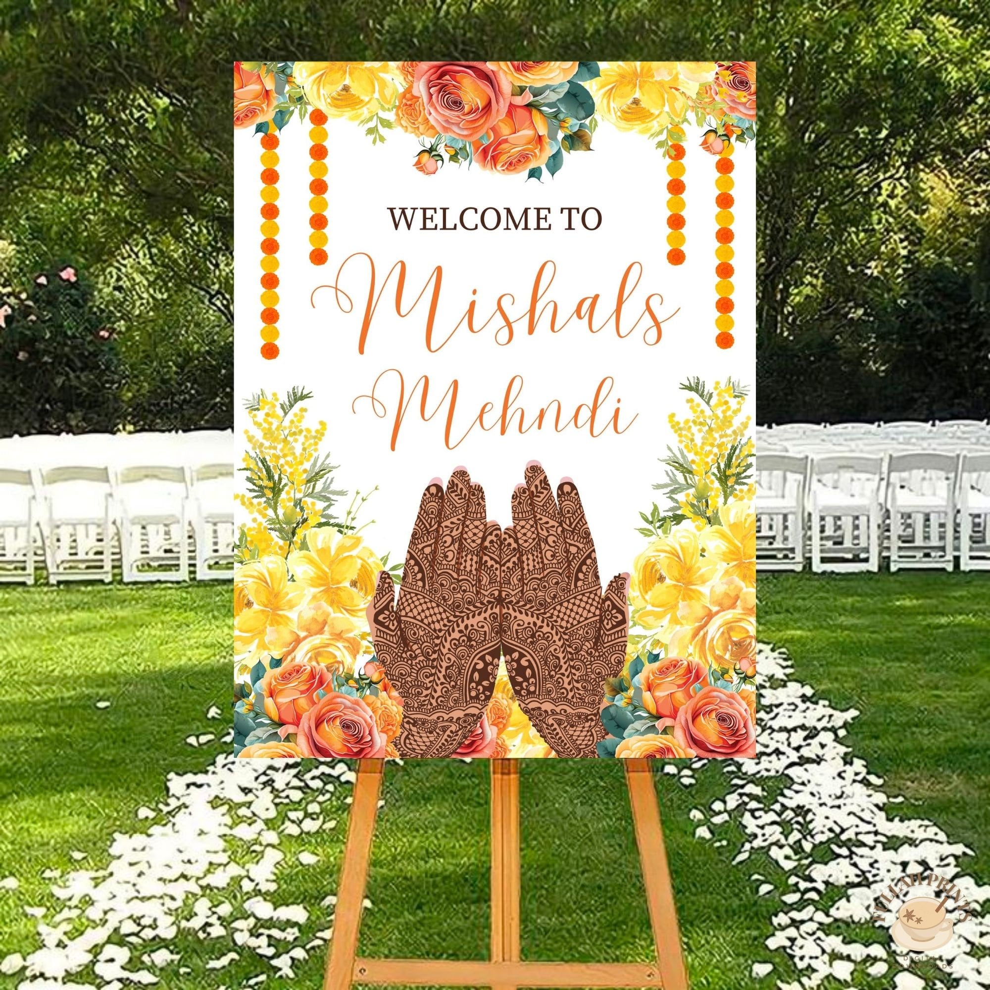 Mehndi Welcome Sign, Yellow and Orange Floral Mehndi Welcome Sign ...