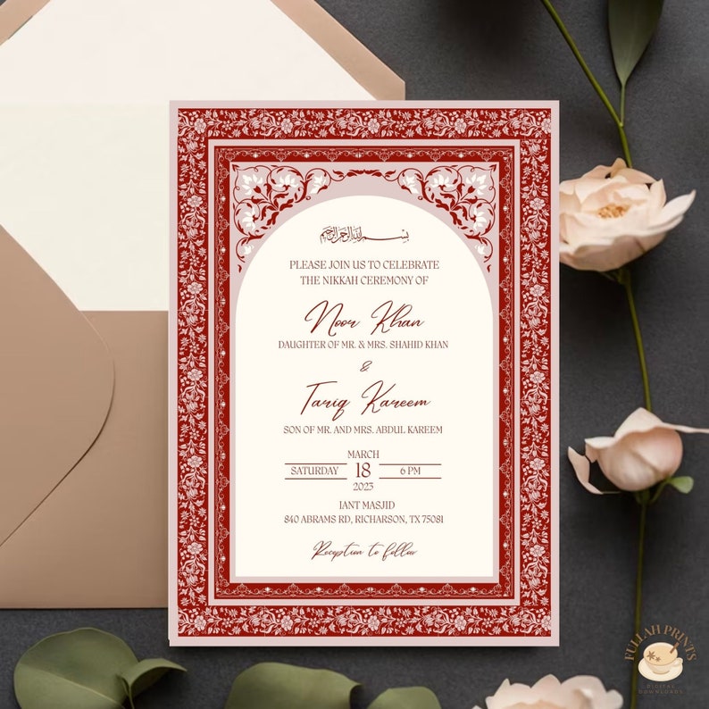 Red Elegant and Luxurious Nikkah Invitation, Maroon Nikkah Invite ...