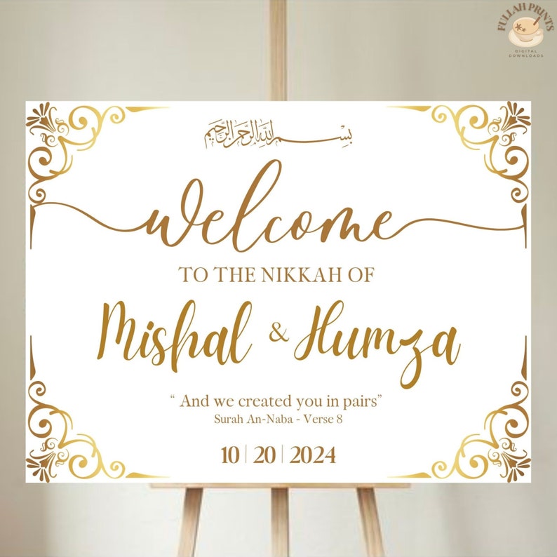 White and Gold Nikkah Welcome Sign, Elegant Islamic Wedding Welcome ...