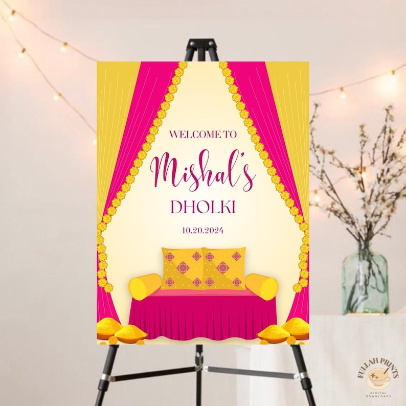 Personalized Dholki Welcome Sign: Pink & Yellow Mehndi Poster (PDF) - Etsy