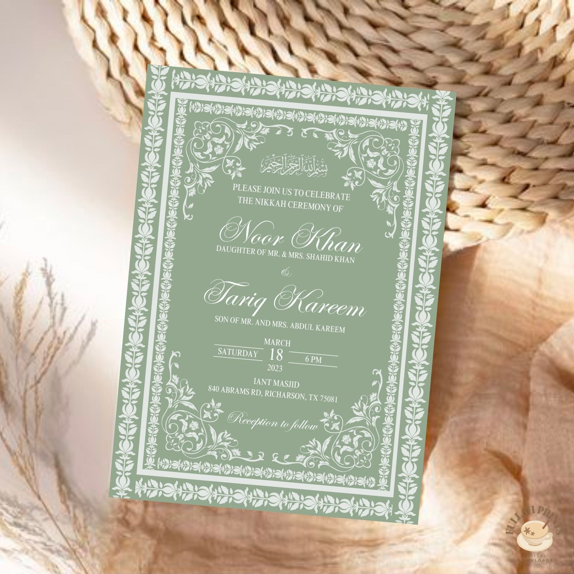 Sage Green Elegant Nikkah Invitation, Nikkah Evite, Pastel Nikkah ...