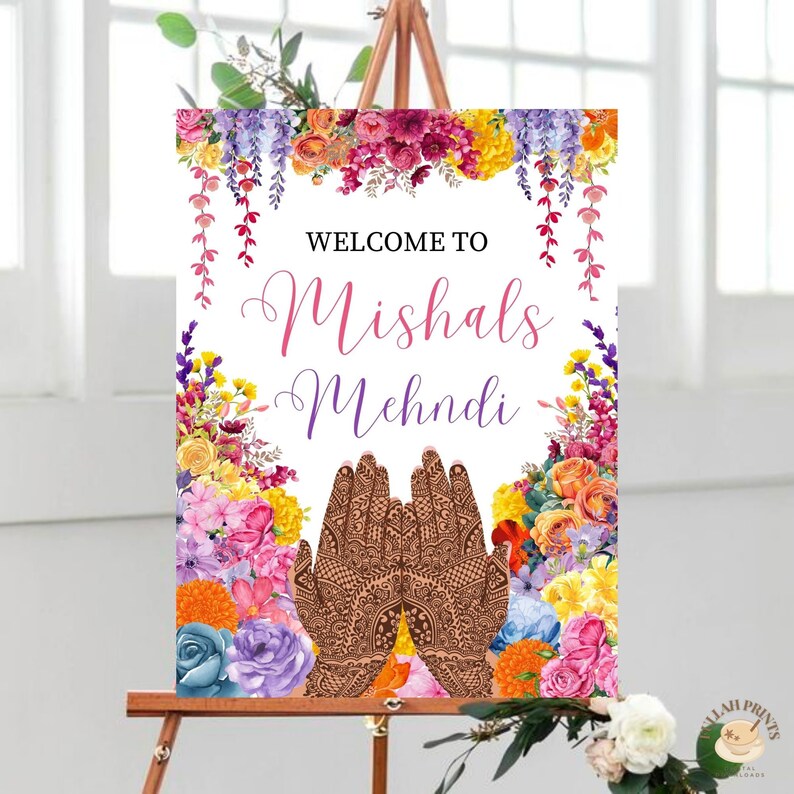 Colorful Floral Mehndi Welcome Sign, Dholki Sign, Mehndi Sign, Mehndi ...