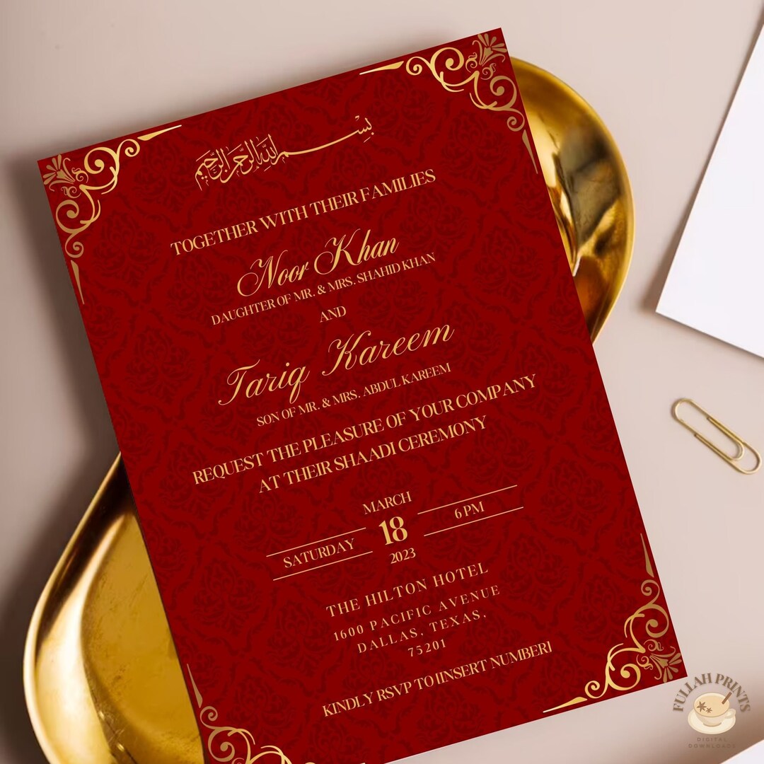Red and Gold Islamic Wedding Invitation, Editable Islamic Wedding ...