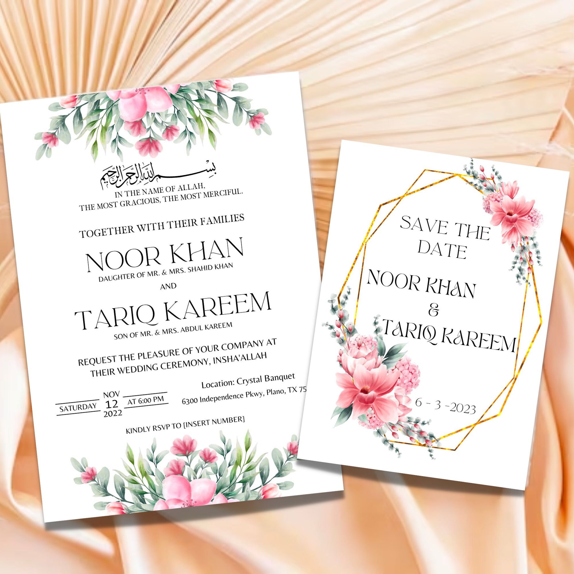 Floral Islamic Wedding Invitation and Save the Date Card, Greenery ...