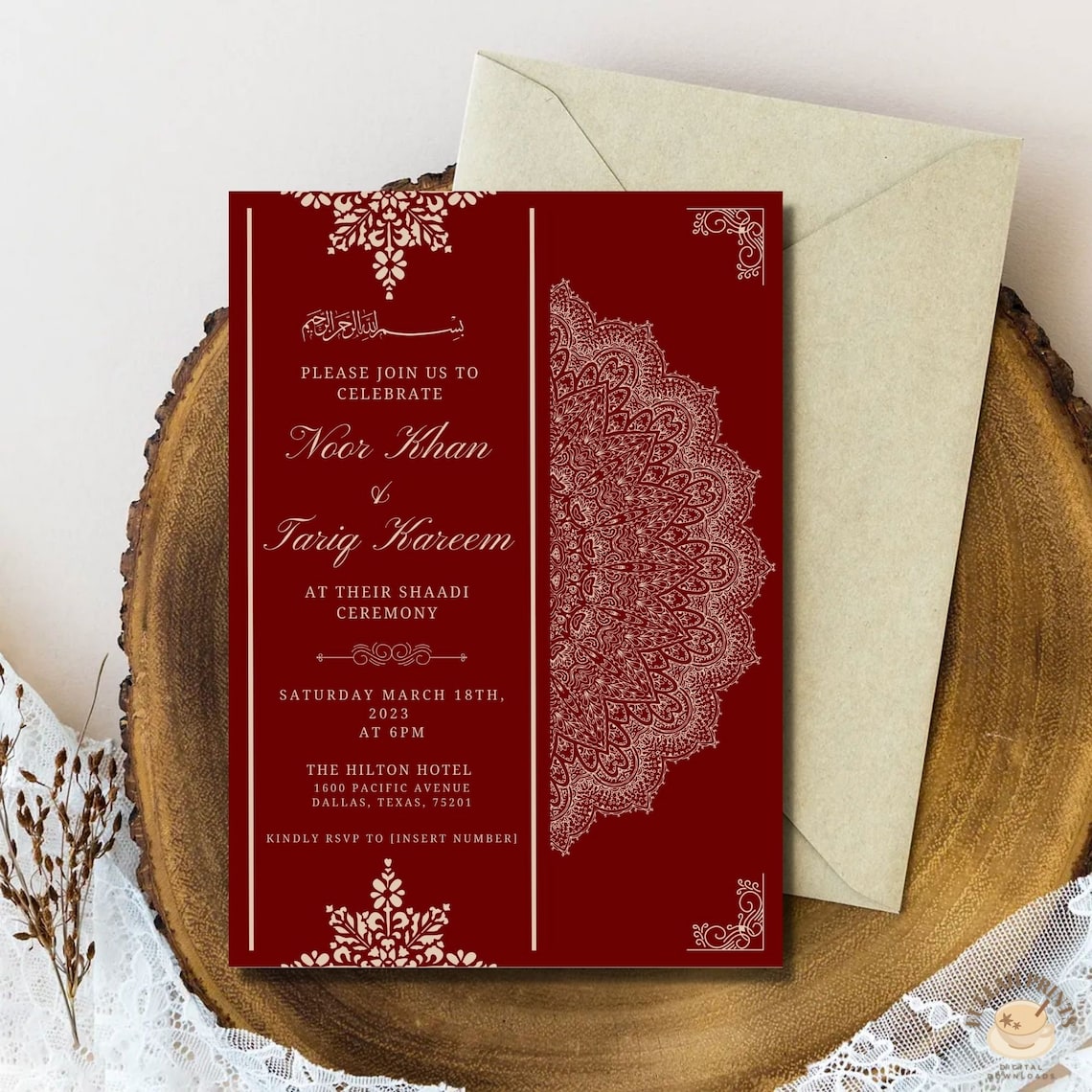 Red and Beige Shaadi Invitation, Islamic Wedding Invitation Template ...