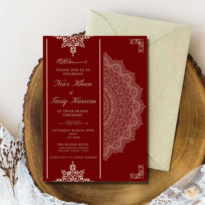 Red and Beige Shaadi Invitation, Islamic Wedding Invitation Template ...