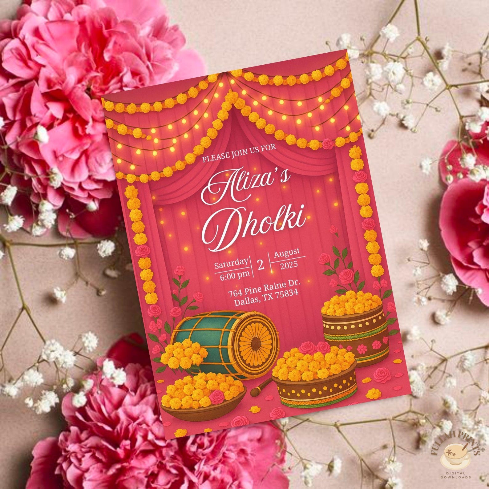 Pink & Yellow Floral Dholki Invitation Template (digital Download) - Etsy