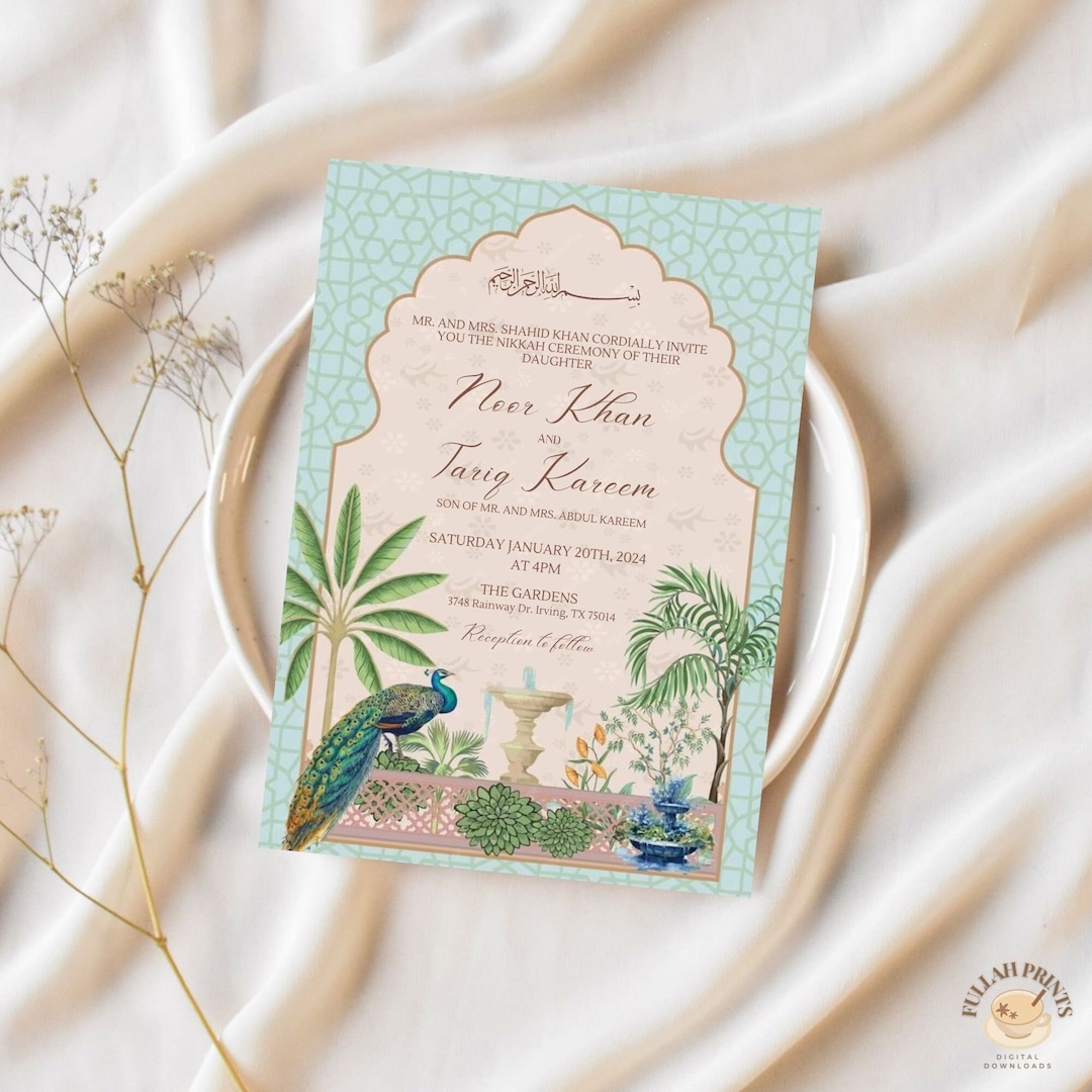 Teal Mughal Garden Nikkah Invitation, Islamic Wedding Invitation ...