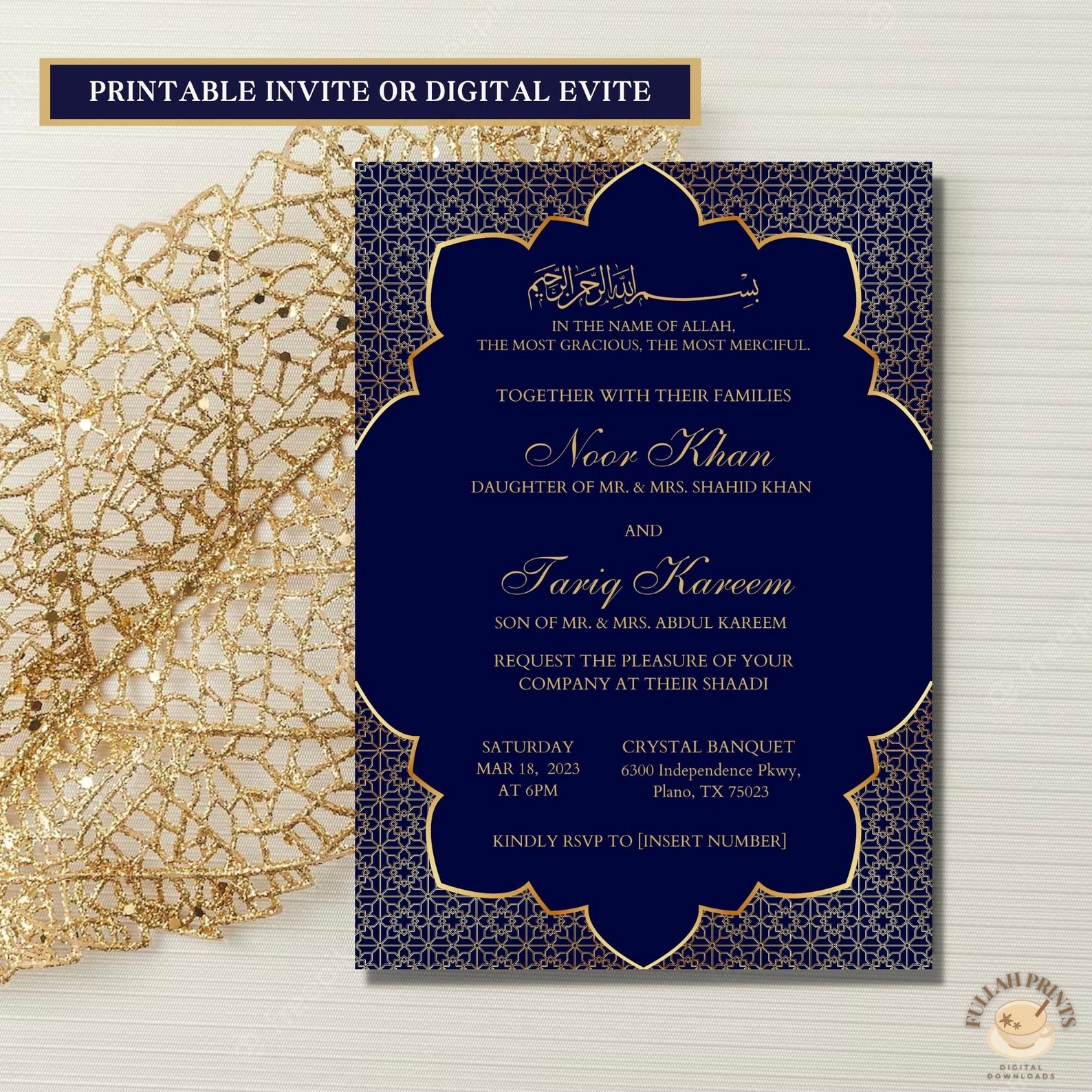 Navy and Gold Islamic Wedding Invitation, Elegant Islamic Wedding ...
