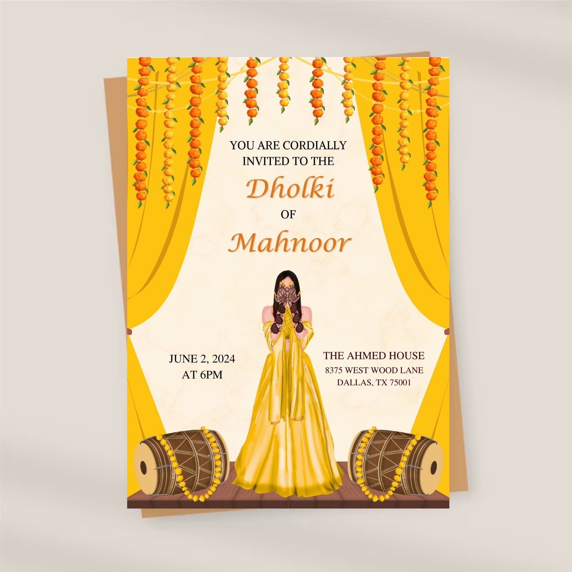 Marigold Dholki Invitation Template, Mayoun Invite, Dholki Invitation ...