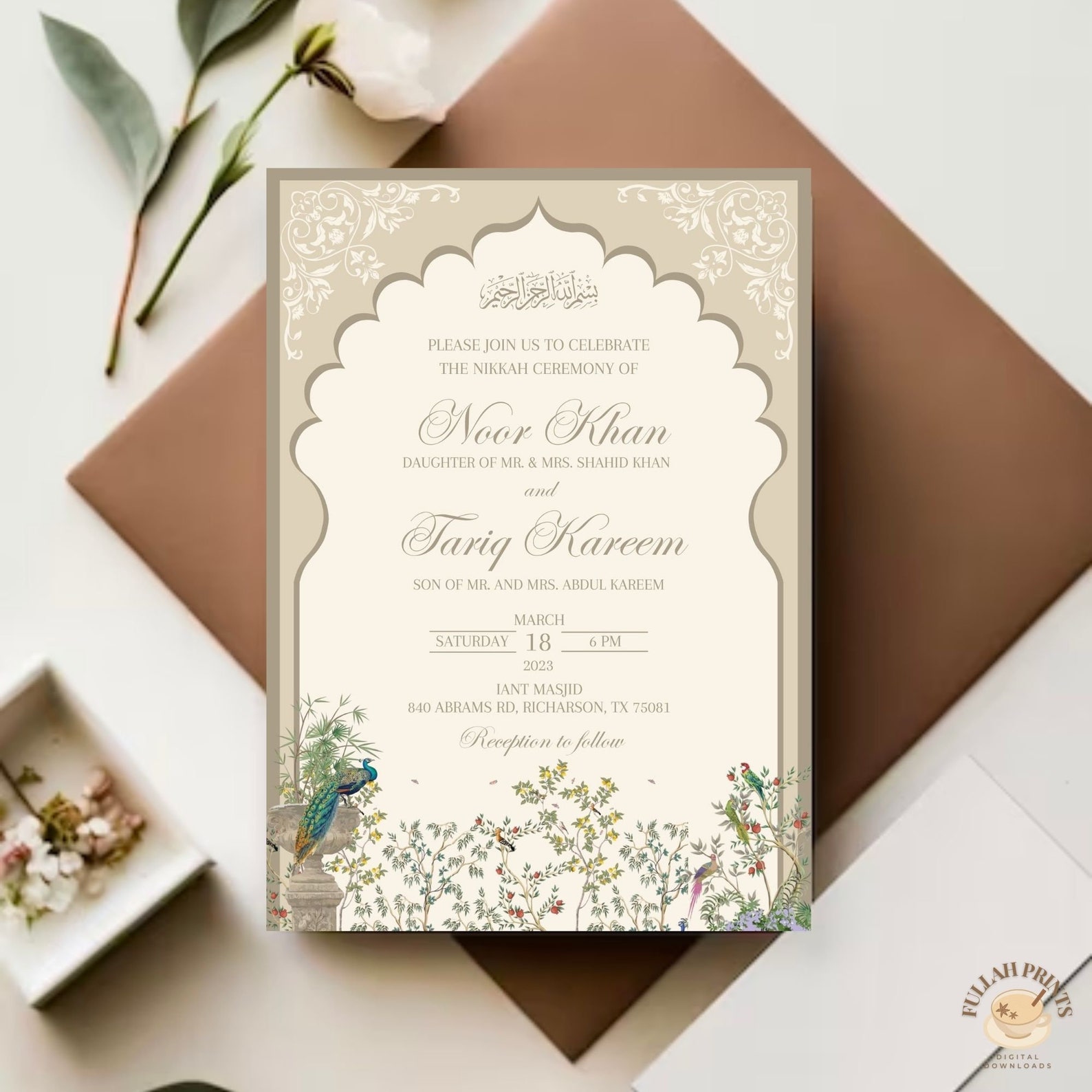 Neutral Mughal Garden Nikkah Invitation, Islamic Wedding Invite ...