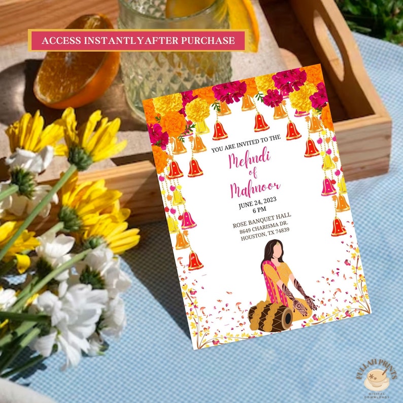 Floral Mehndi Invitation, Dholki Invitation, Editable Template, Mehndi ...
