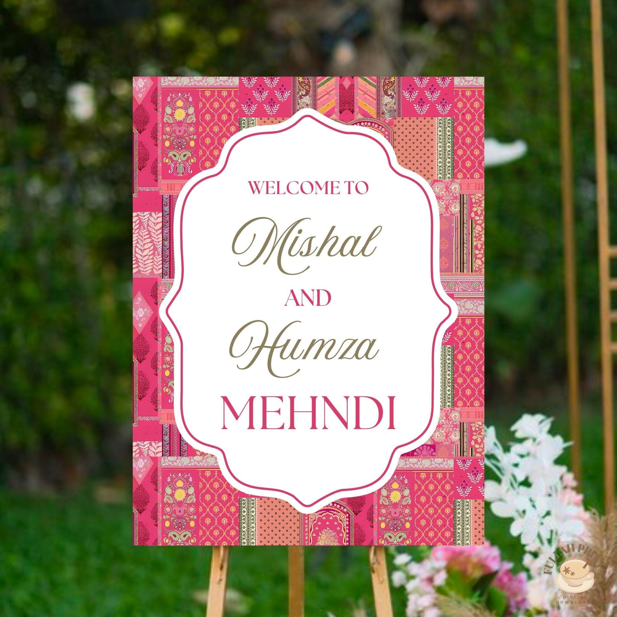 Pink Patterns Mehndi Sign, Colorful Mehndi Welcome Sign, Dholki Sign ...