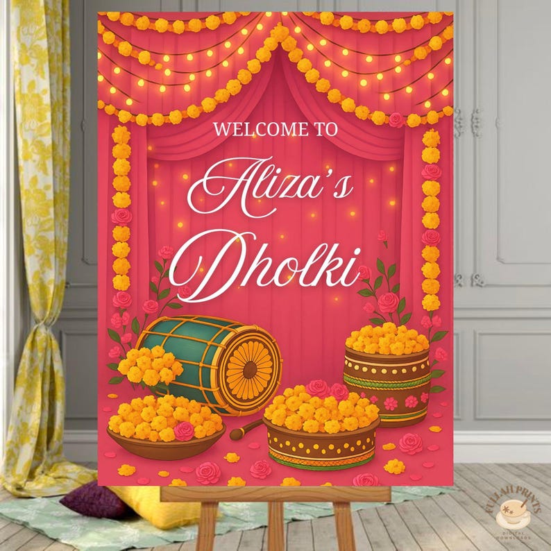 Pink and Yellow Dholki Welcome Sign: Traditional Mehndi Decor (PDF ...