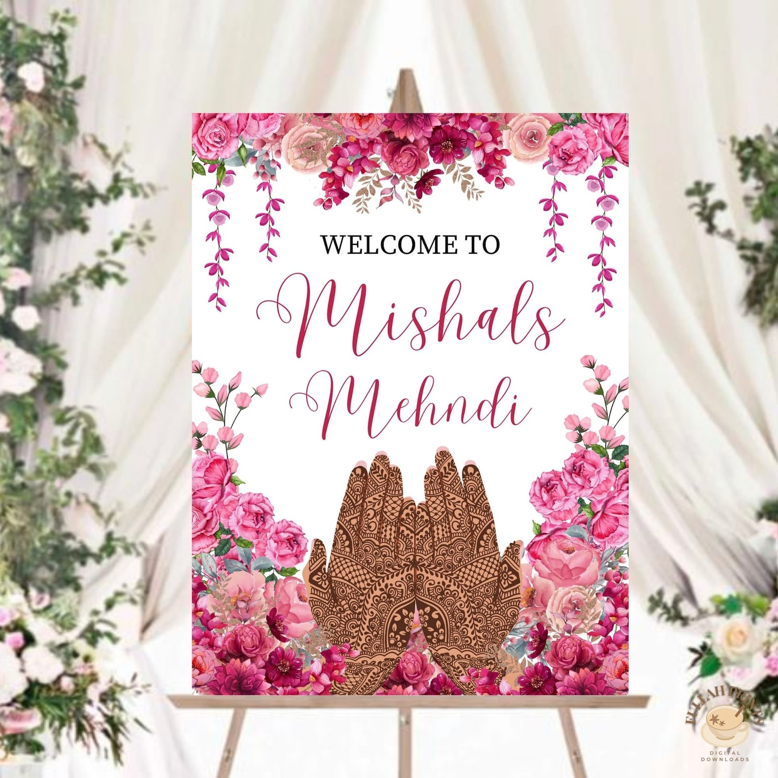 Pink Floral Mehndi Welcome Sign, Mehndi Welcome Sign, Digital Download ...