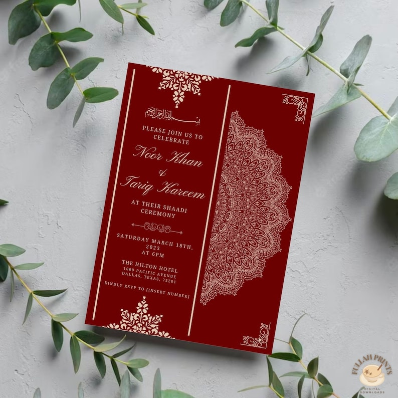 Red and Beige Shaadi Invitation, Islamic Wedding Invitation Template ...