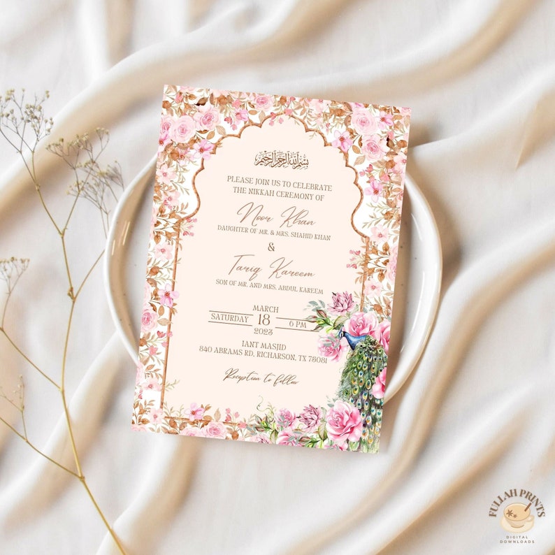 Pink Floral Nikkah Invitation, Digital Nikkah Invite Template, Peacock ...