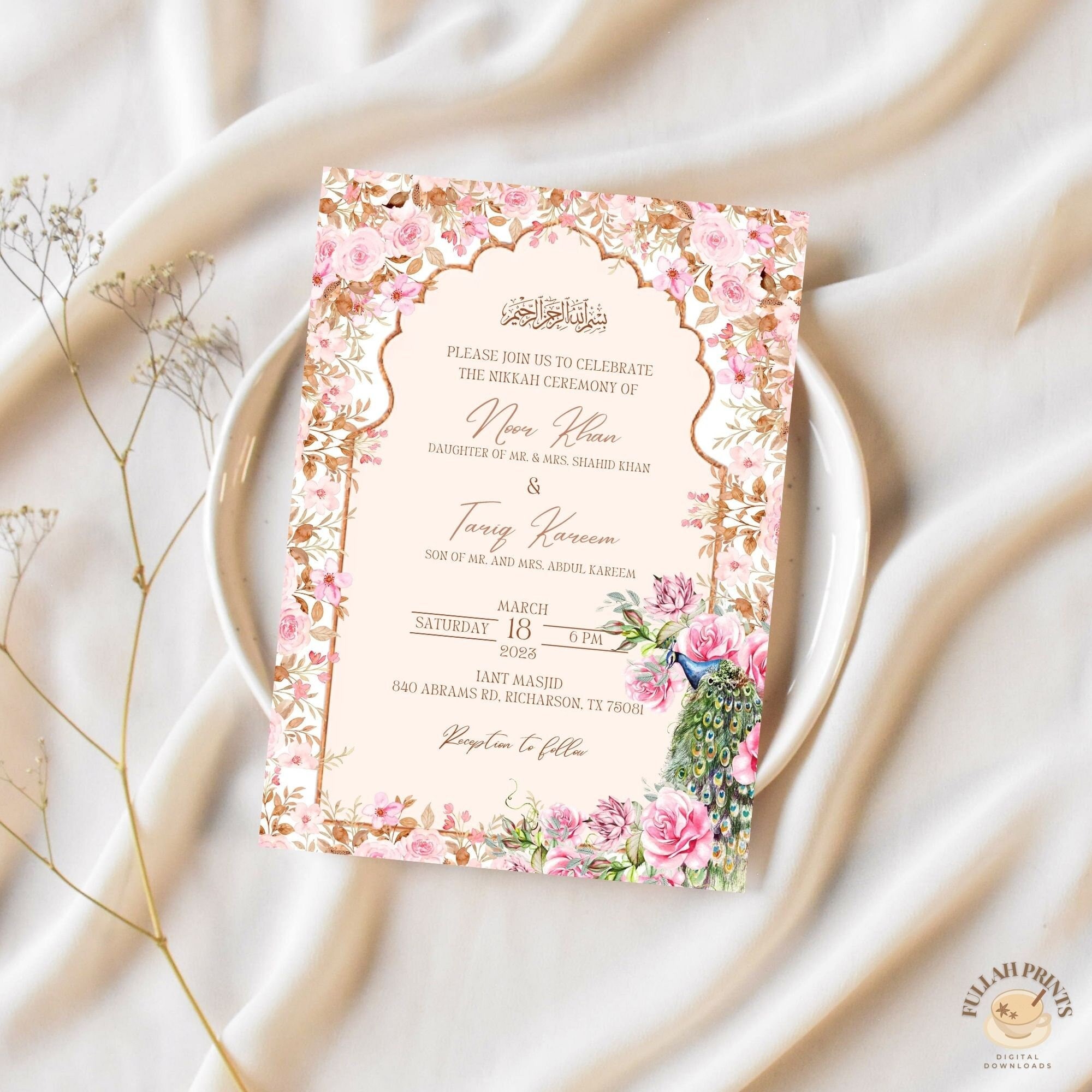 Pink Floral Nikkah Invitation, Digital Nikkah Invite Template, Peacock ...