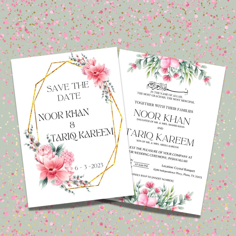 Floral Islamic Wedding Invitation and Save the Date Card, Greenery ...