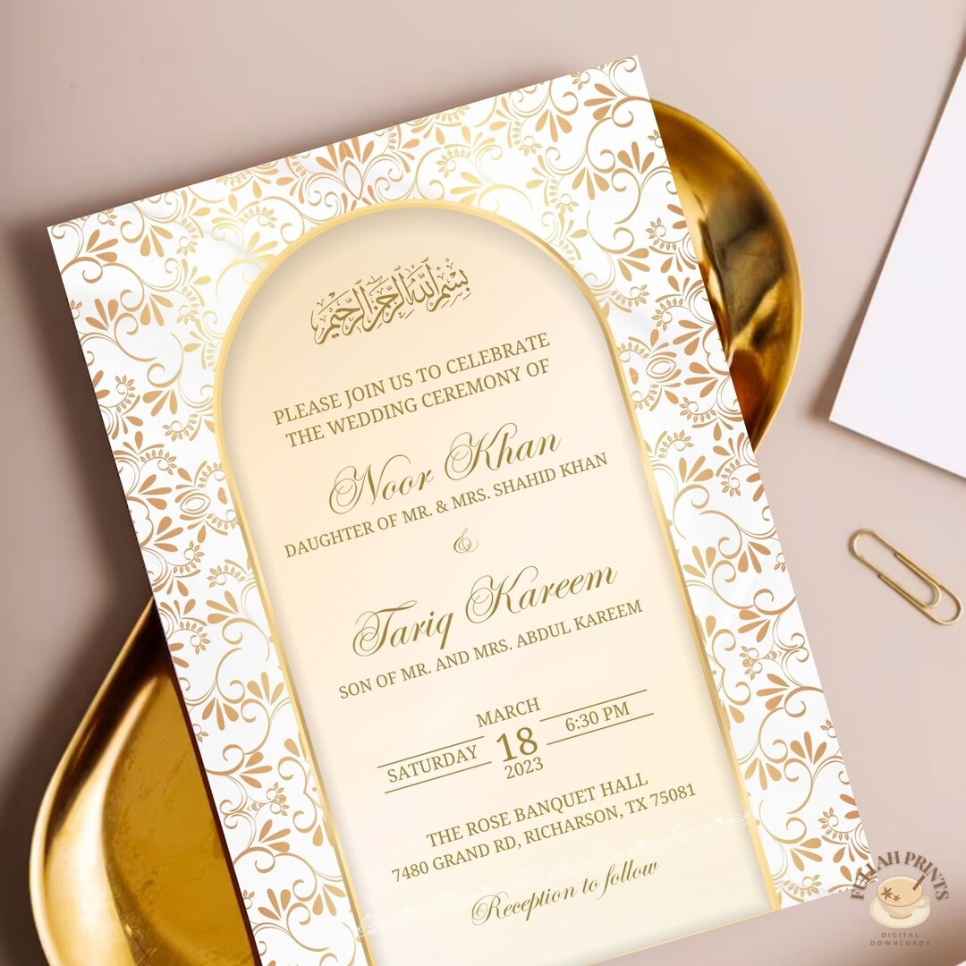 White and Gold Arch Islamic Invitation, Elegant Islamic Invitation ...