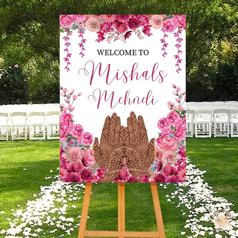 Pink Floral Mehndi Welcome Sign, Mehndi Welcome Sign, Digital Download ...