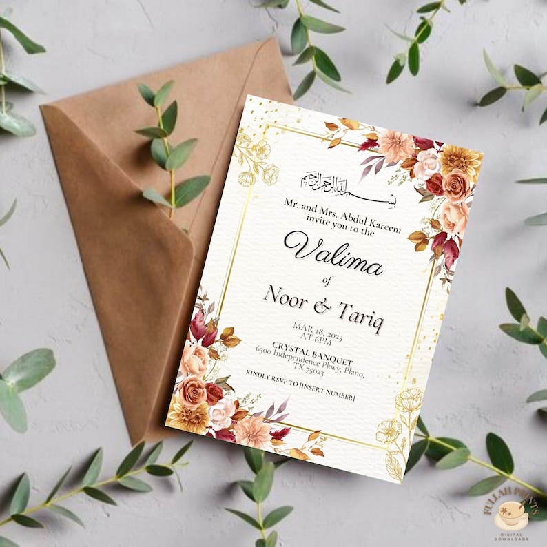 Floral Valima Invitation, Floral and Gold Valima Invite Template ...