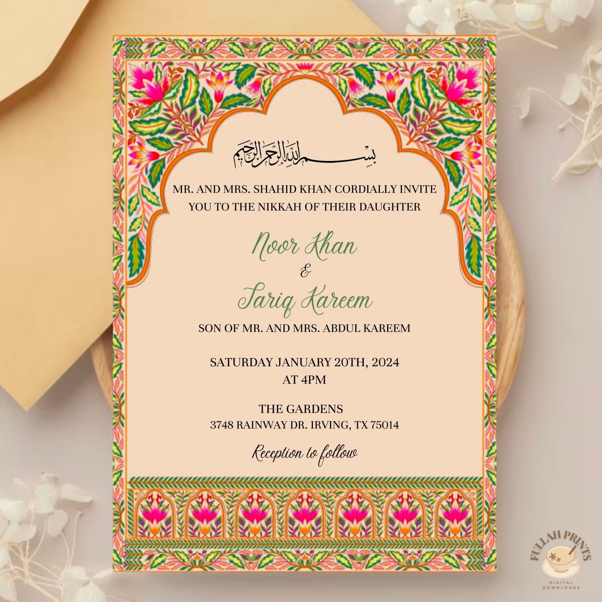 Colorful Mughal Inspired Nikkah Invitation, Islamic Wedding Invitation ...