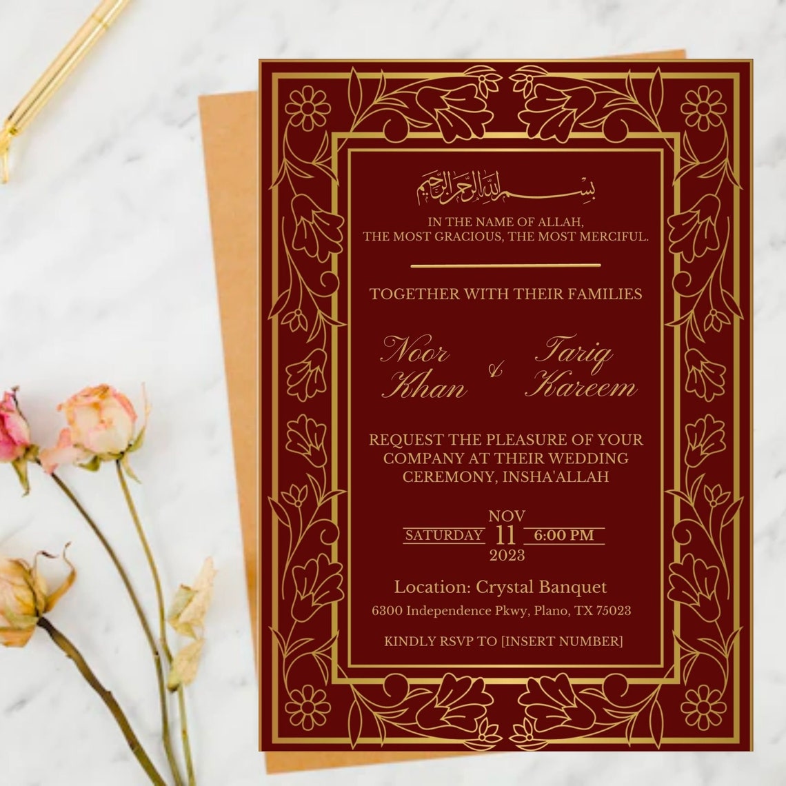 Red and Gold Islamic Wedding Invitation, Traditional Shaadi Invitation ...