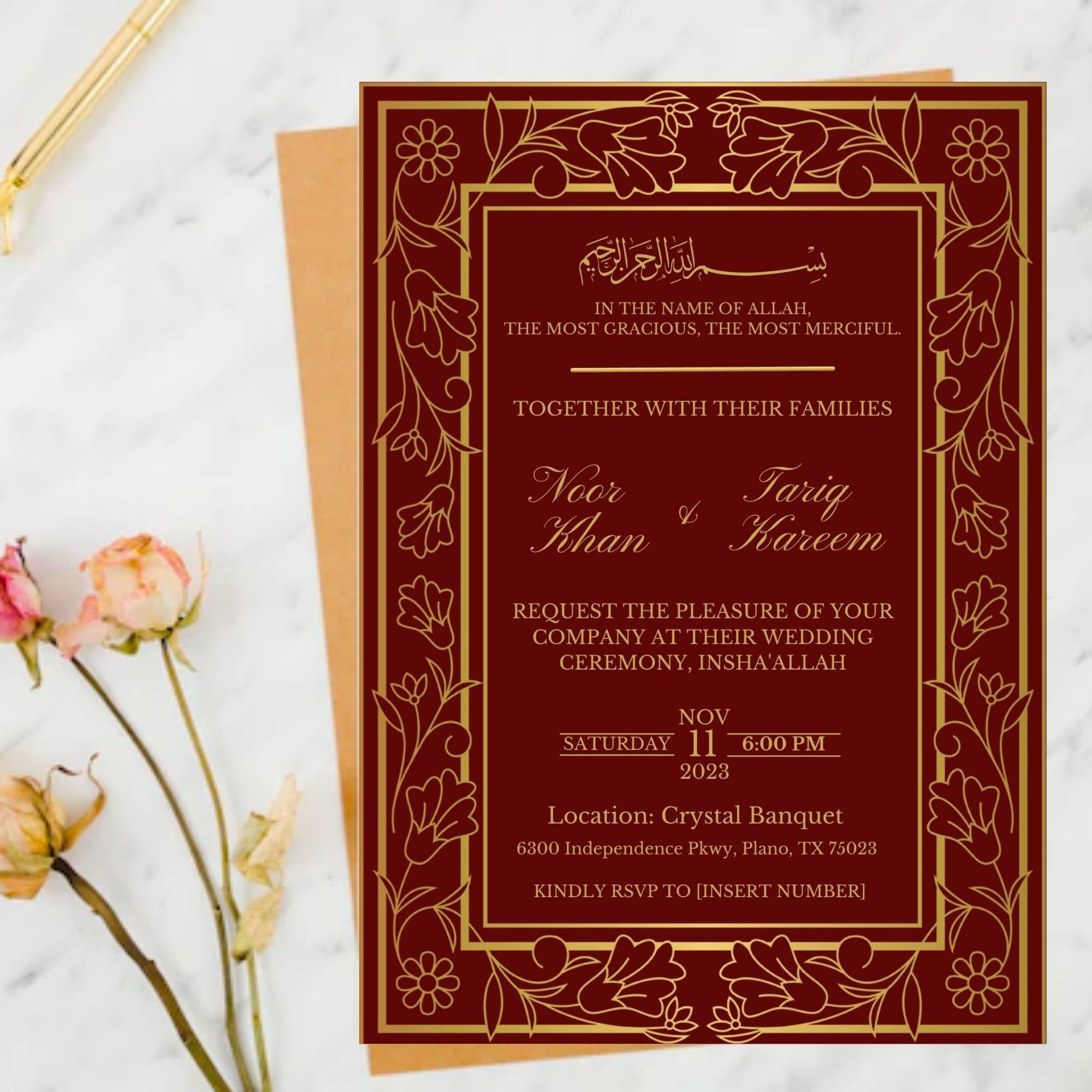 Red and Gold Islamic Wedding Invitation, Traditional Shaadi Invitation ...