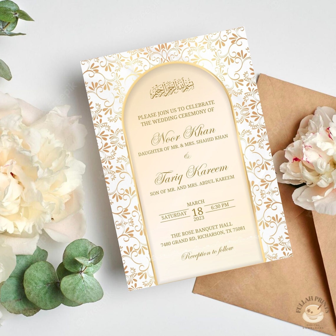 White and Gold Arch Islamic Invitation, Elegant Islamic Invitation ...