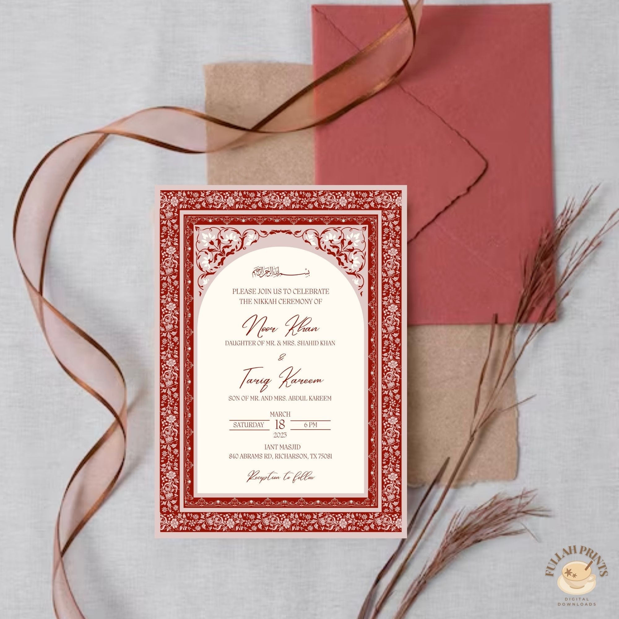 Red Elegant and Luxurious Nikkah Invitation, Maroon Nikkah Invite ...