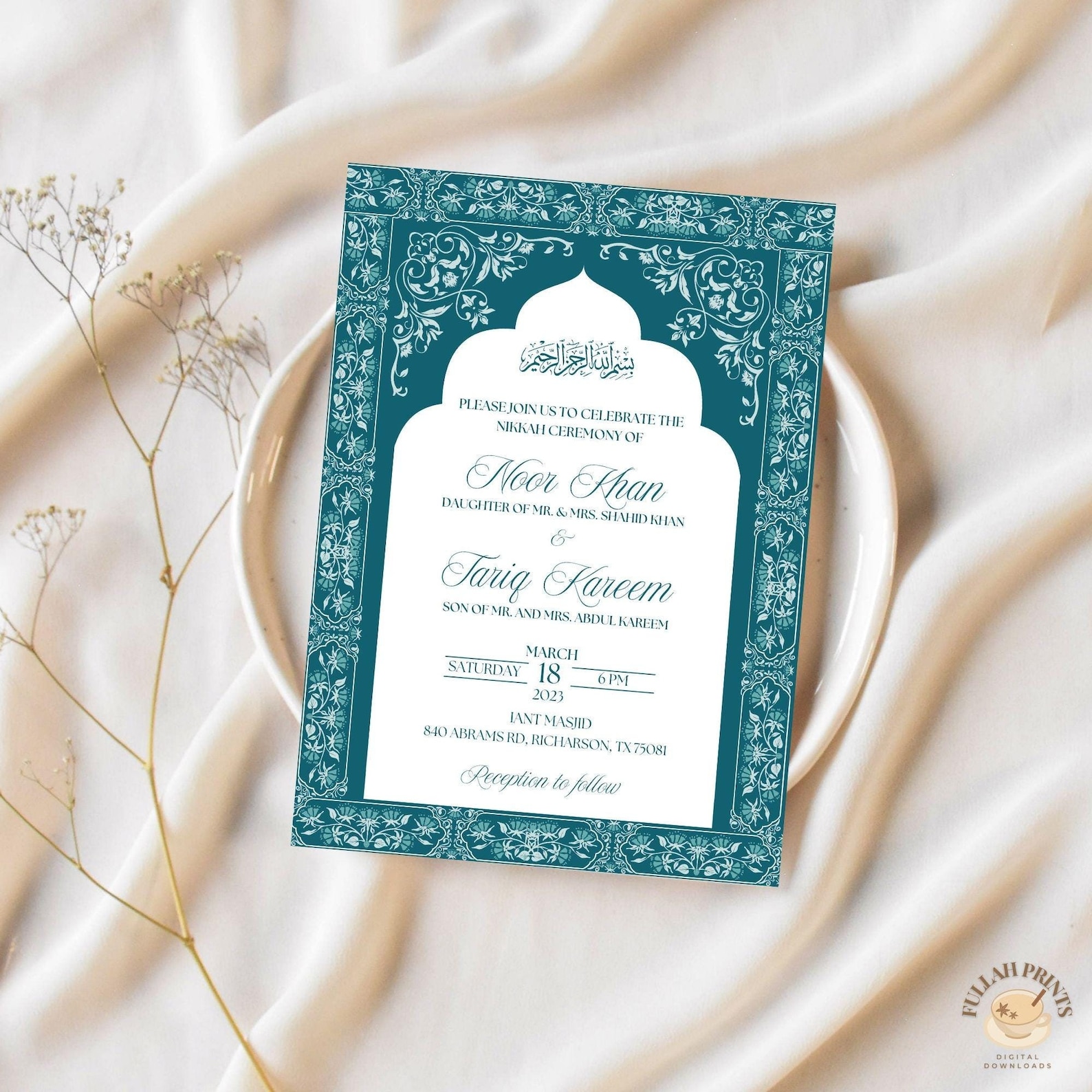 Turquoise Elegant and Luxurious Nikkah Invitation, Nikkah Evite, Nikkah ...