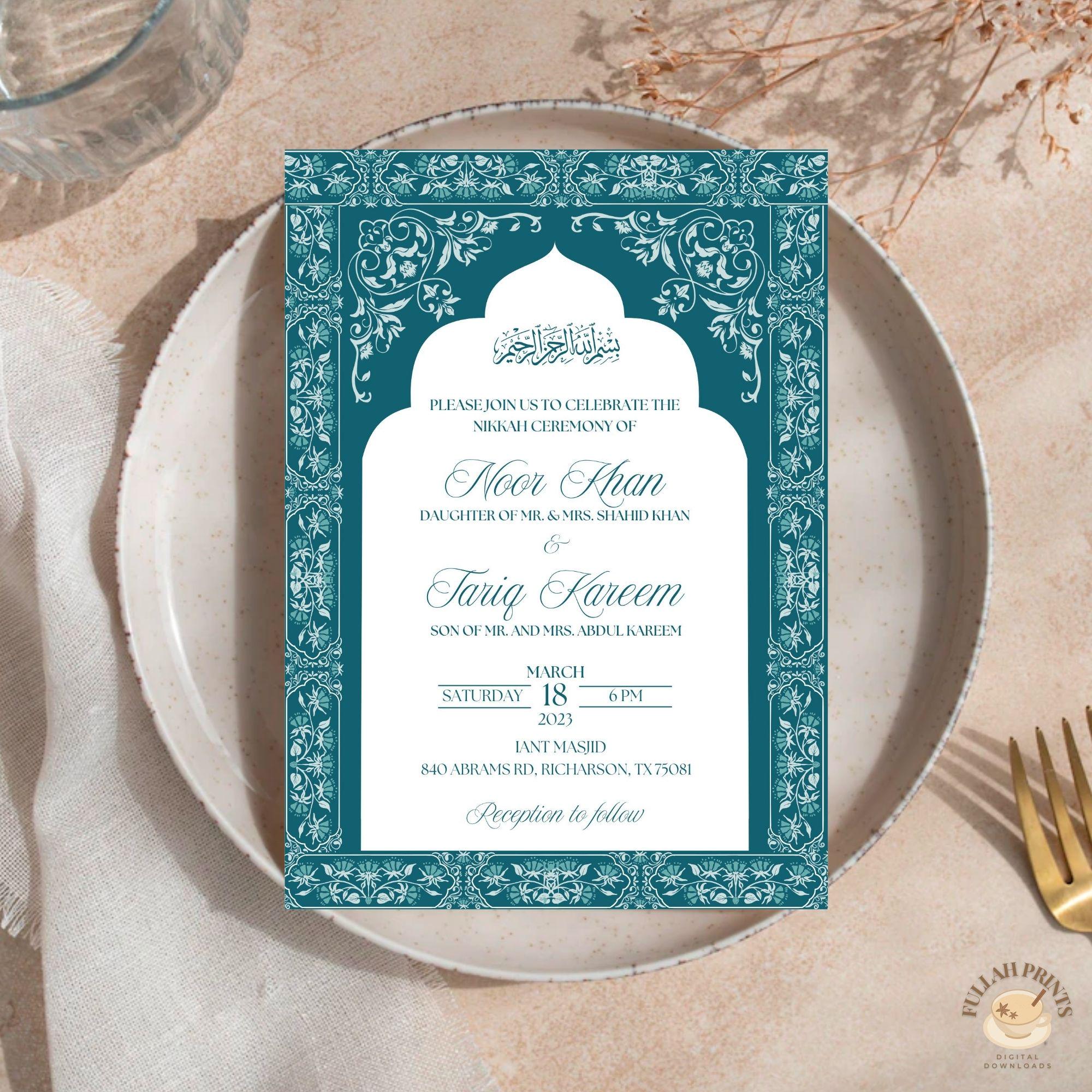 Turquoise Elegant and Luxurious Nikkah Invitation, Nikkah Evite, Nikkah ...