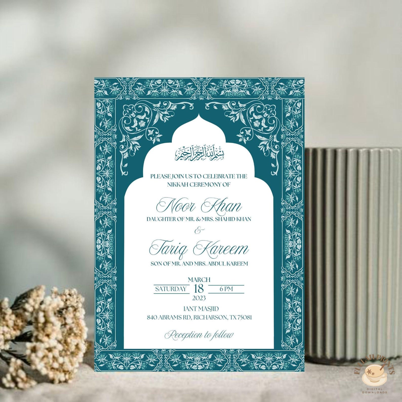 Turquoise Elegant and Luxurious Nikkah Invitation, Nikkah Evite, Nikkah ...