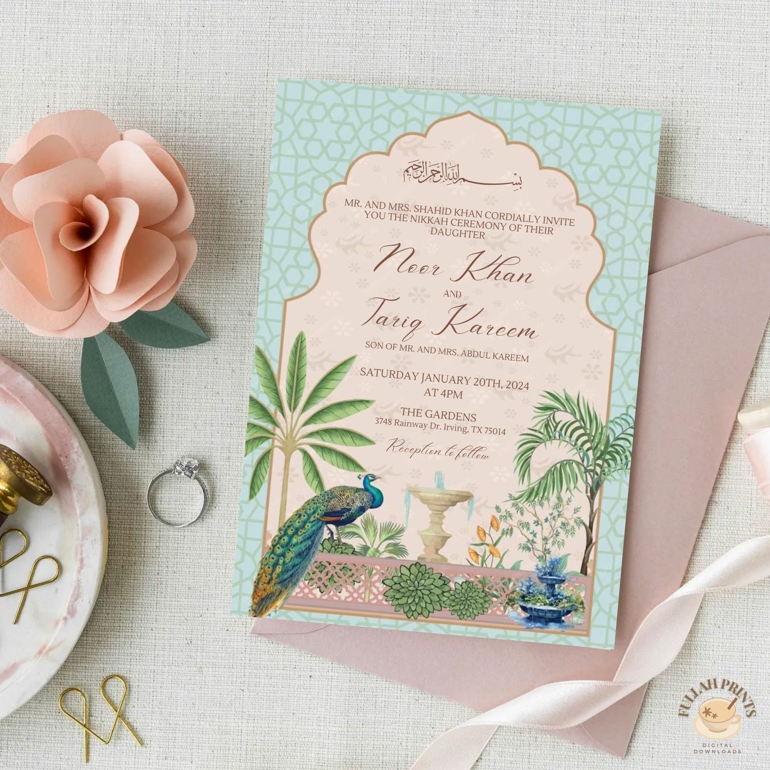 Teal Mughal Garden Nikkah Invitation, Islamic Wedding Invitation ...