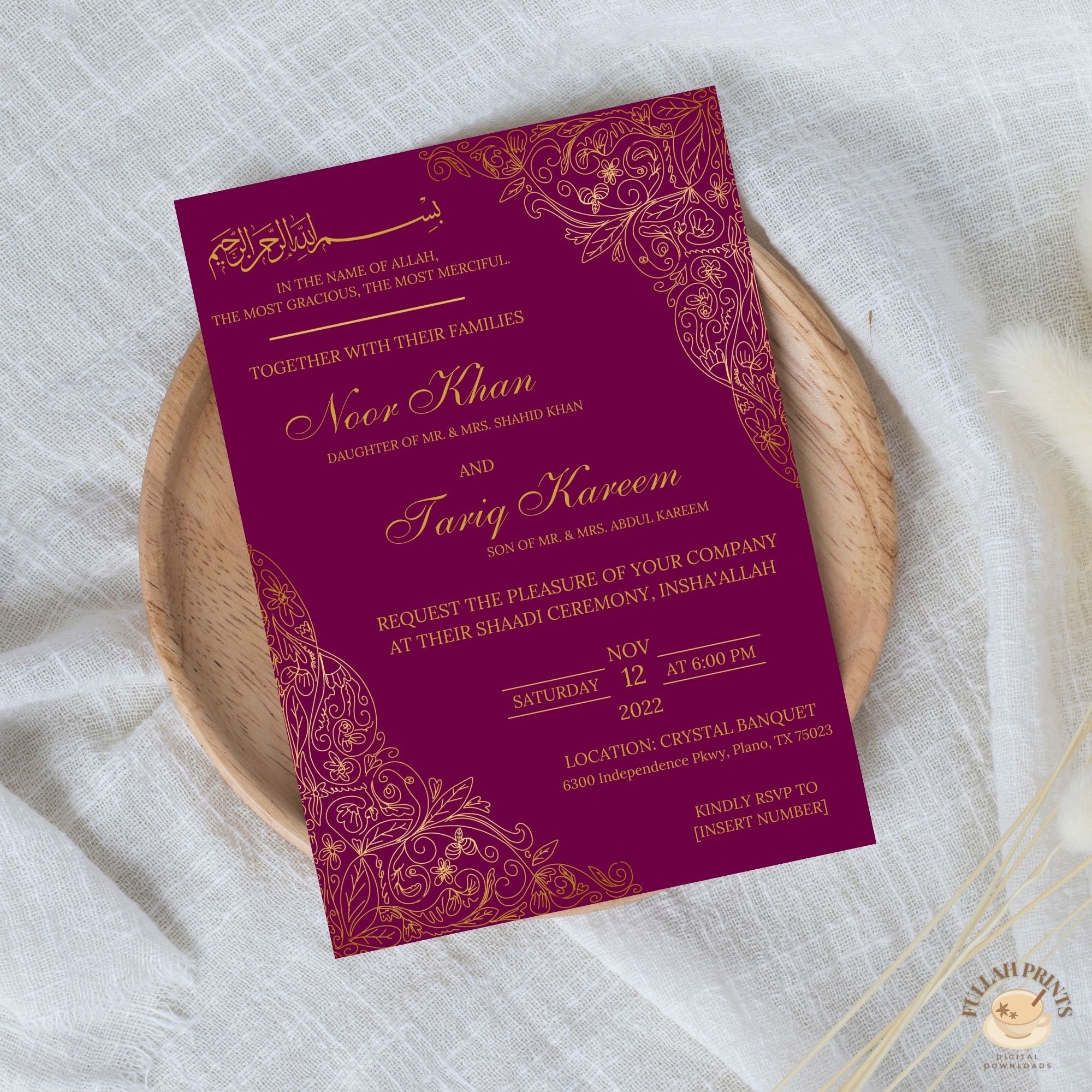 Magenta and Gold Islamic Wedding Invitation, Elegant Islamic Wedding ...