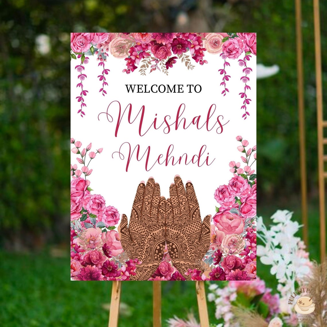 Pink Floral Mehndi Welcome Sign, Mehndi Welcome Sign, Digital Download ...