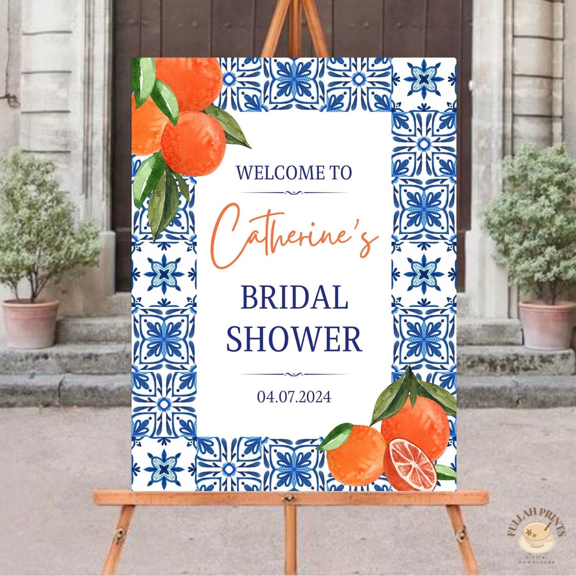 Blue Tile and Oranges Bridal Shower Sign, Positano Blue Tiles ...