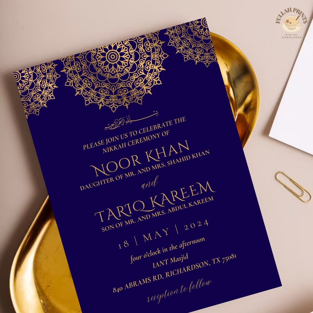 Navy and Gold Mandala Islamic Wedding Invitation, Editable Nikkah ...