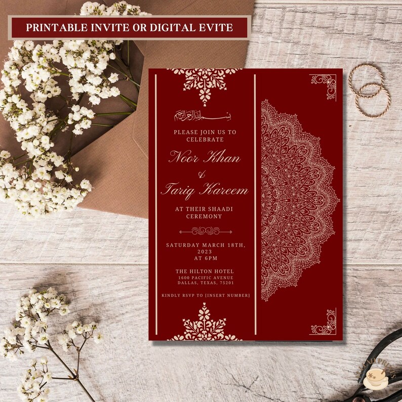 Red and Beige Shaadi Invitation, Islamic Wedding Invitation Template ...