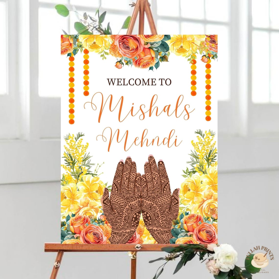 Mehndi Welcome Sign, Yellow and Orange Floral Mehndi Welcome Sign ...