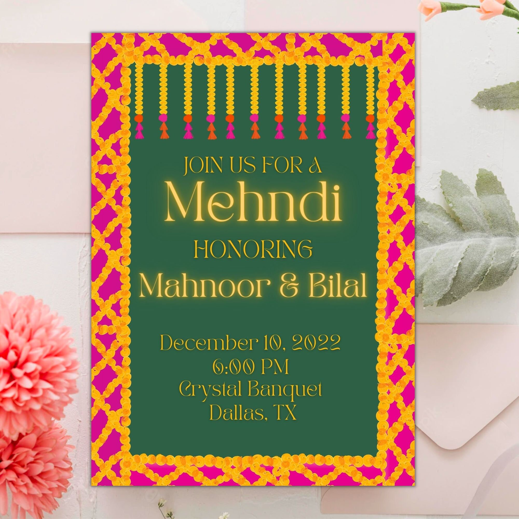Mehndi Invitation Template, Green Mehndi Invite, Pink Mehndi Invite ...
