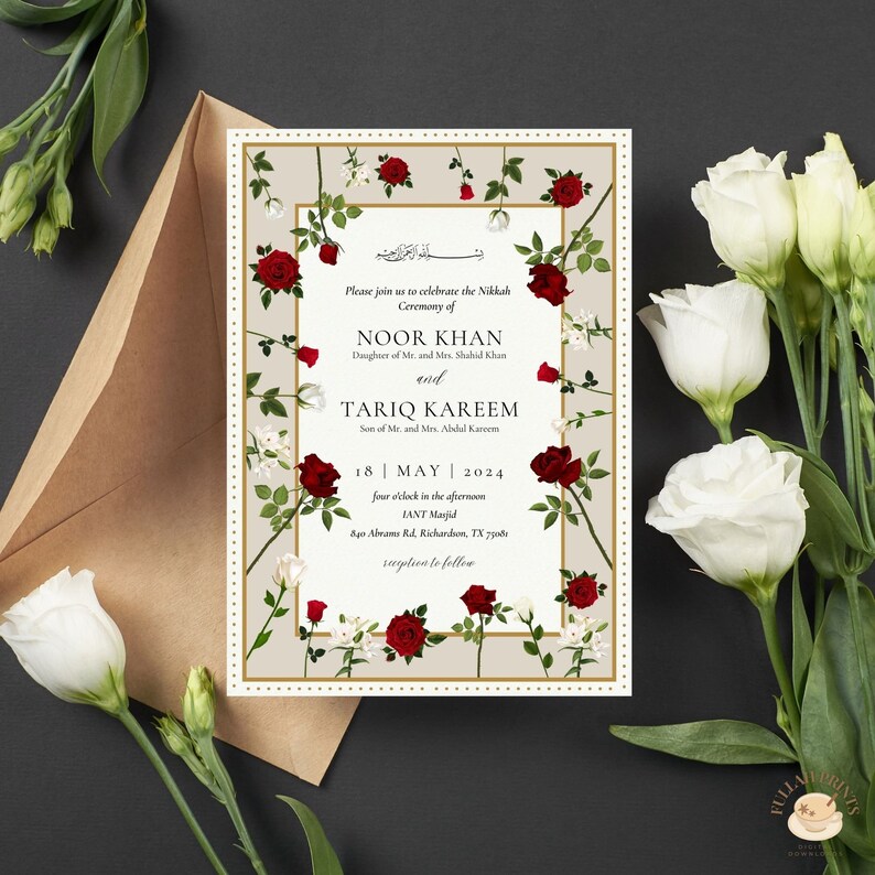 Roses Frame Nikkah Invitation, Modern and Elegant Nikkah Invite ...