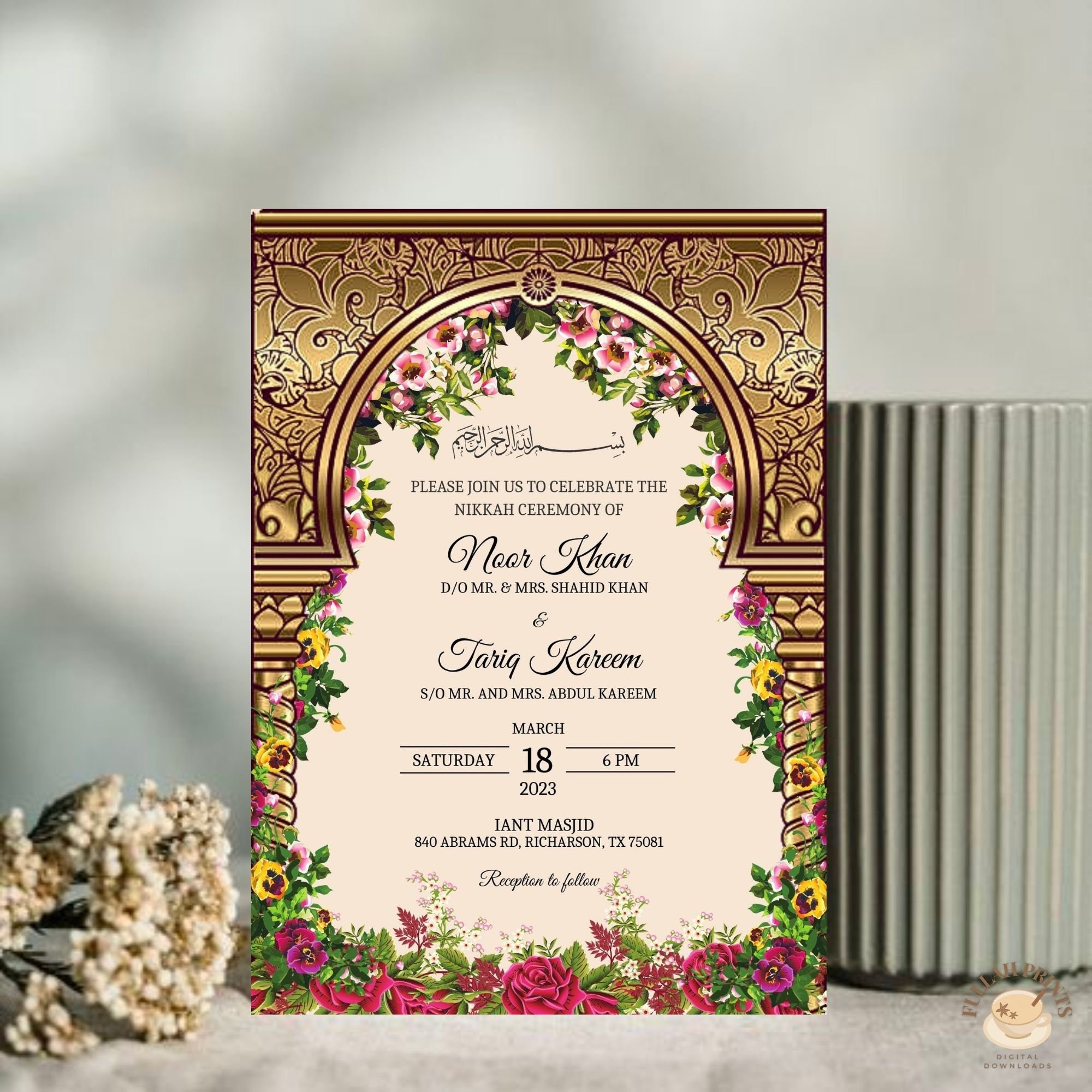 Golden Garden Nikkah Invitation, Floral Nikkah Lnvite, Islamic Wedding ...