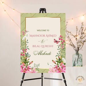 Pink and Green Jaipur Mehndi Welcome Sign, Mughal Mehndi Welcome Sign ...
