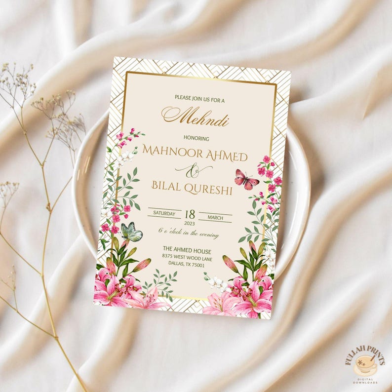 White Mughal Mehndi Invitation Template, Dholki Invite, Editable ...