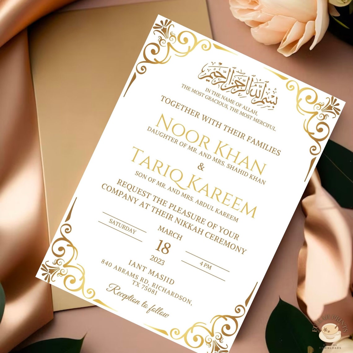 White and Gold Islamic Wedding Invitation, Elegant Islamic Wedding ...